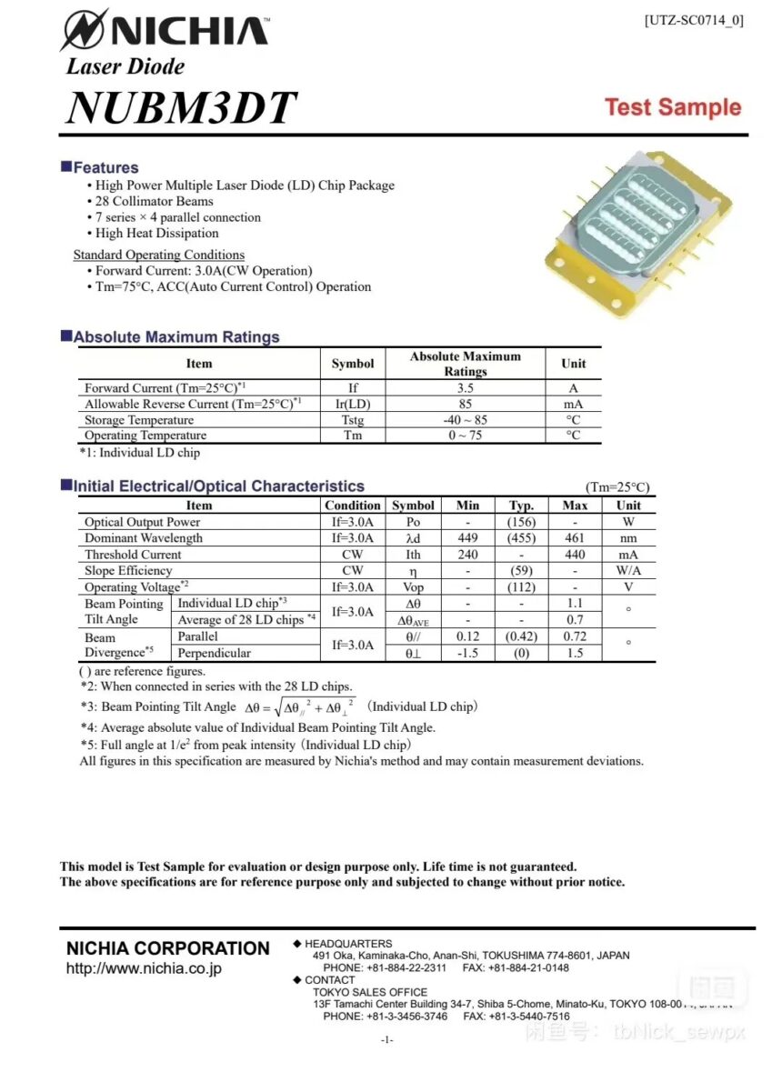 NICHIA NUBM3D Blue 455nm 156W Multiple Laser Diode Chip Array – BEEG