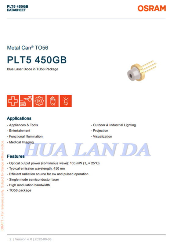 New OSRAM 450nm100mW PLT5 450GB Blue Laser Diode TO18 Φ5.6mm – BEEG