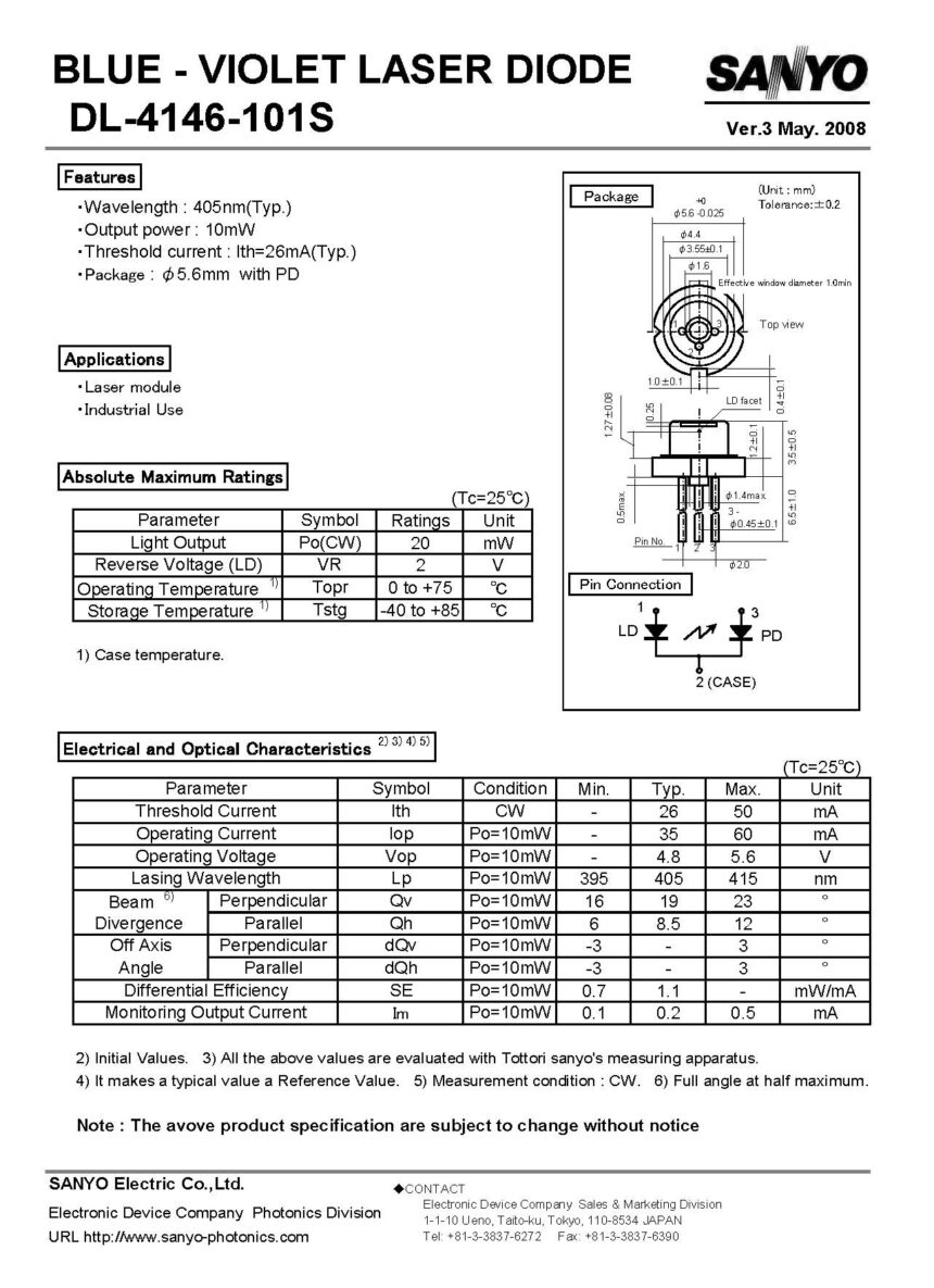 SANYO 405nm20mW Violet Laser Diode DL-4146-101S P-type with PD – BEEG