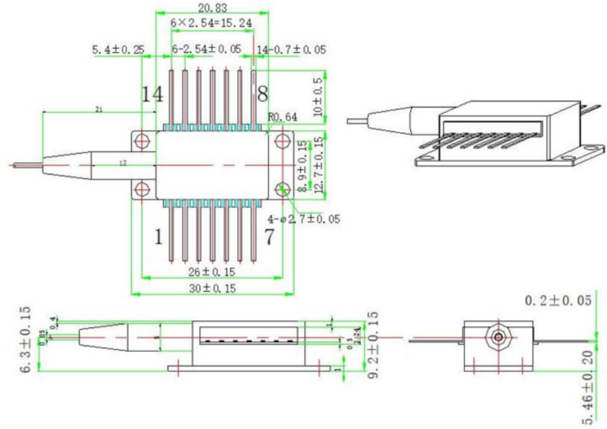 1590nm 10mW DFB 14PIN Butterfly Package Fiber Laser With isolator with ...